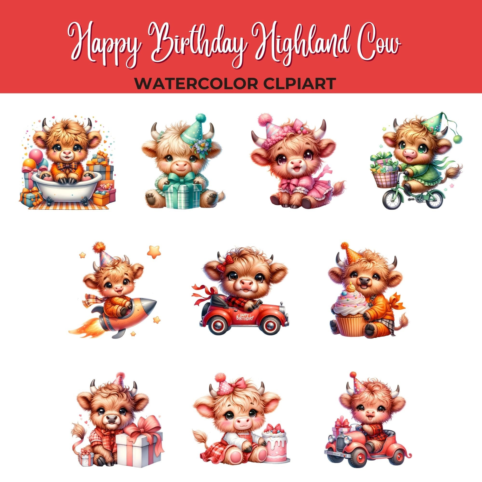 Watercolor Happy Birthday Highland Cow Clipart, Baby Highland Cow PNG ...