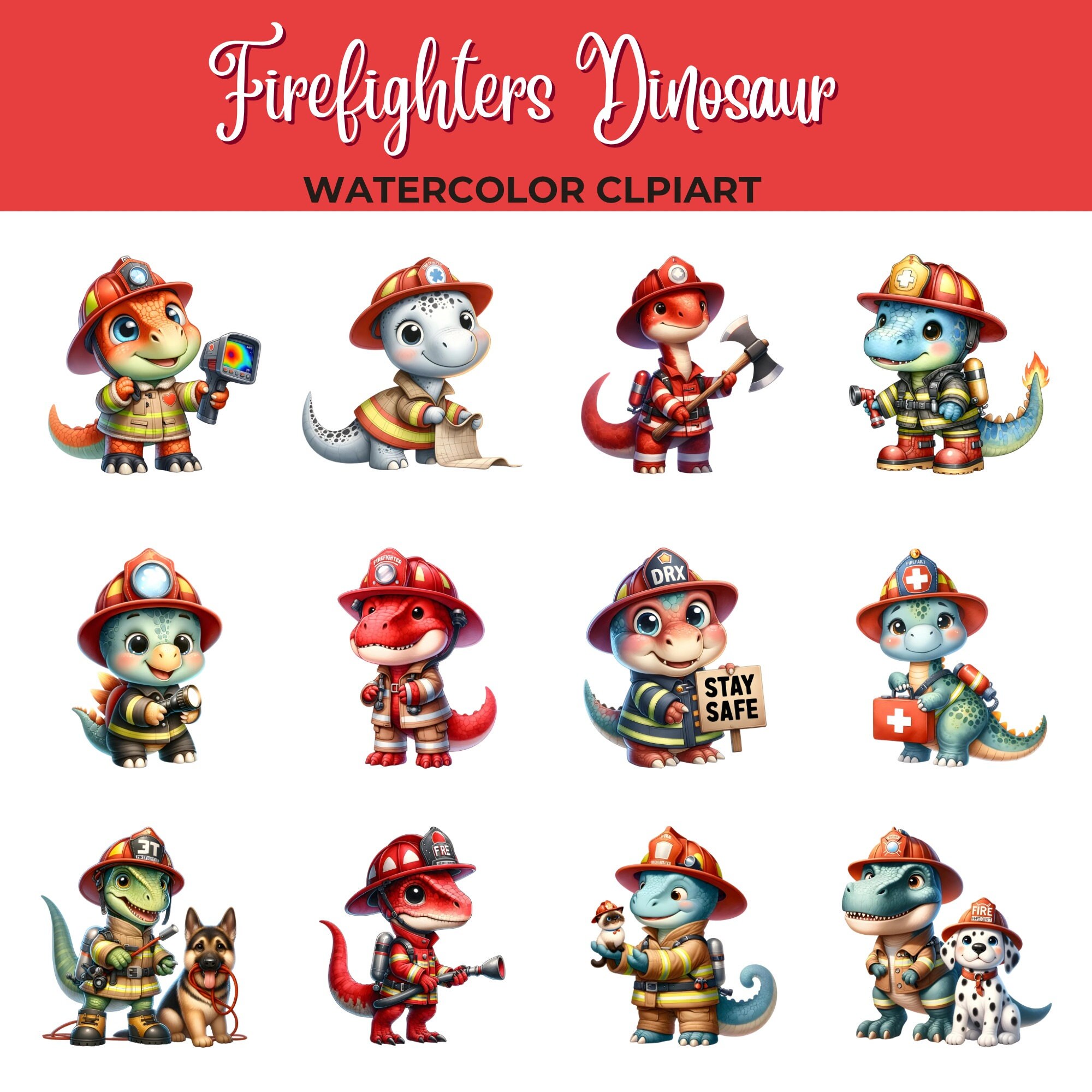 Watercolor Firefighter Dinosaur Clipart, Baby Dinosaur PNG, Cute ...