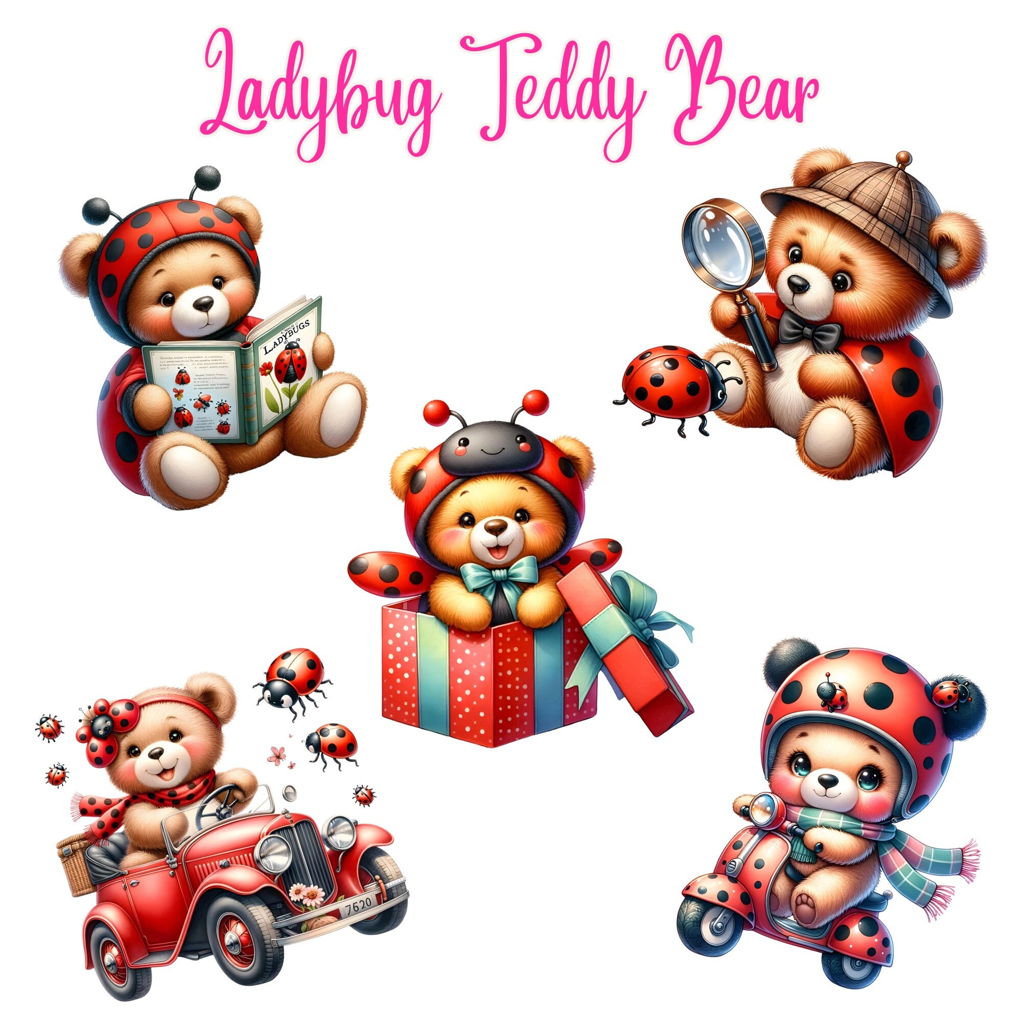 Watercolor Ladybug Teddy Bear Clipart: Nursery PNG (digital Download ...