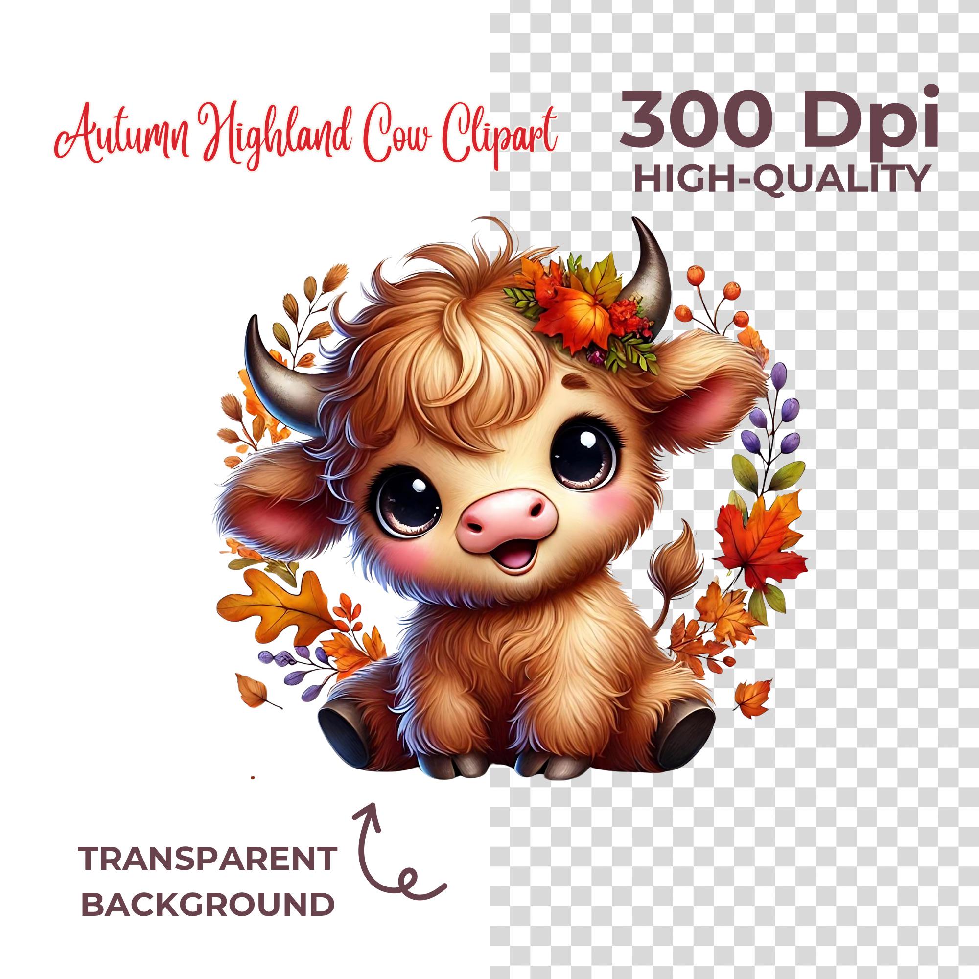 Watercolor Autumn Highland Cow Clipart, Cute Fall Highland Cow PNG ...