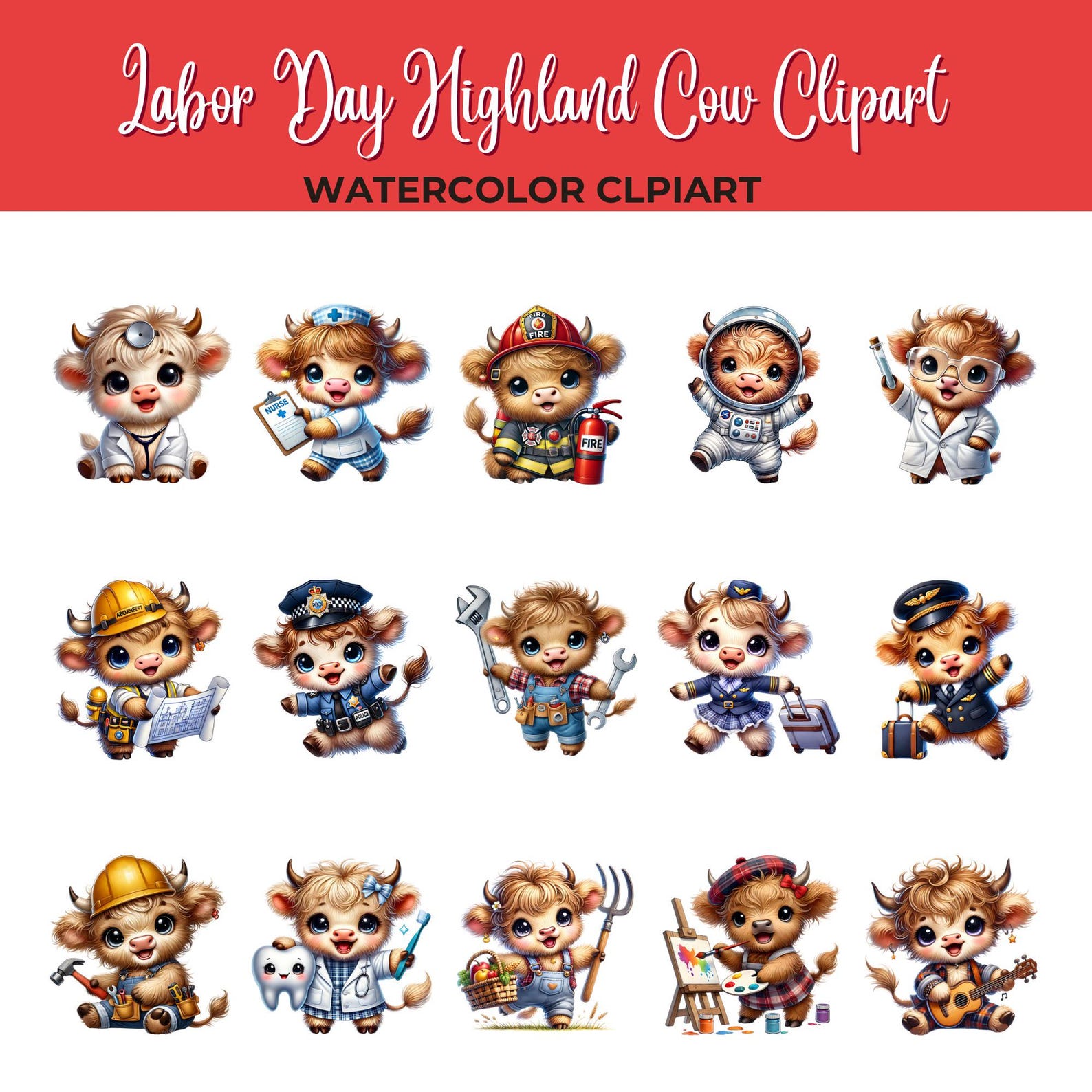 Watercolor Highland Cow Labor Day Clipart: Career PNG Set (digital ...