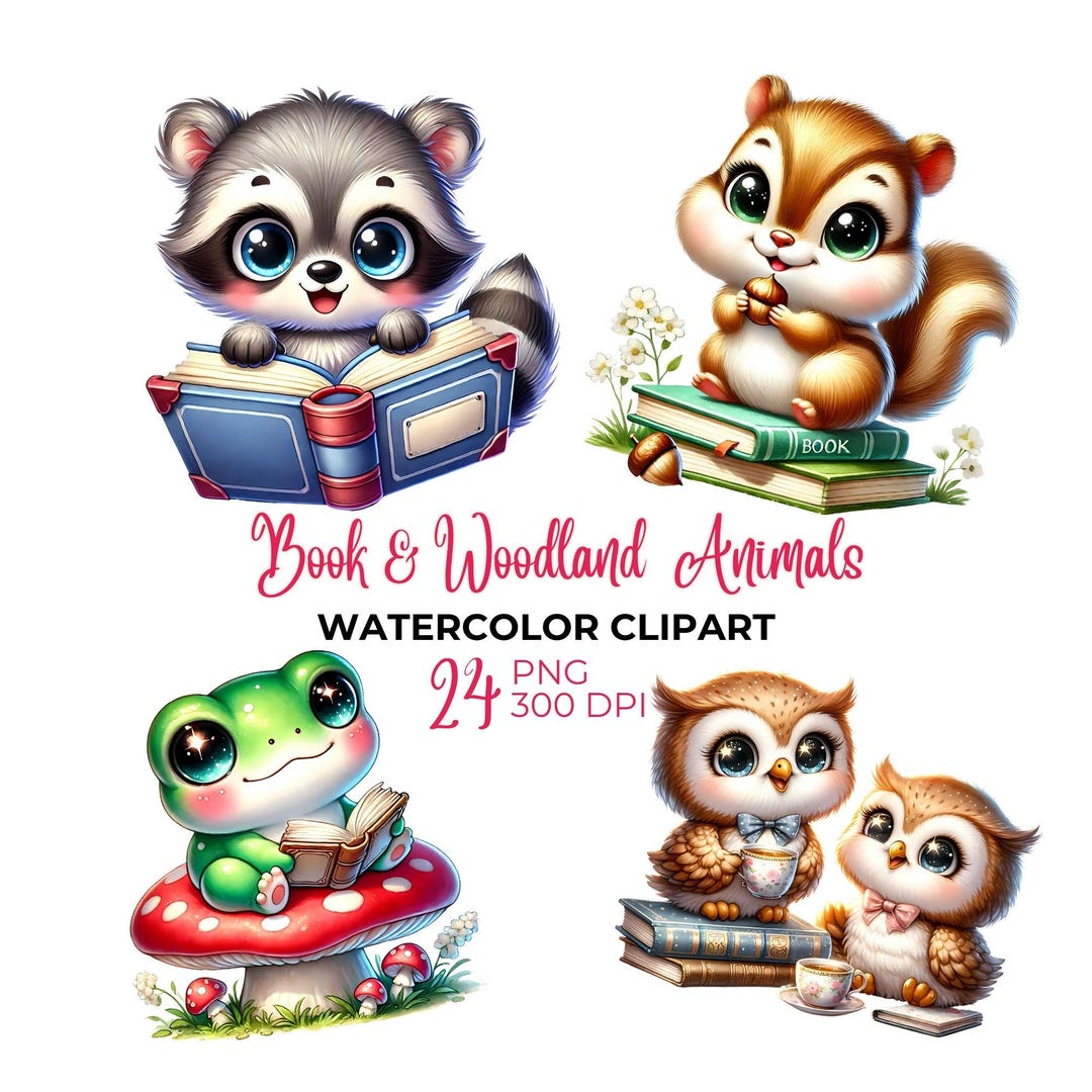 Watercolor Reading Book Animals Clipart, Woodland Animals PNG, Baby ...