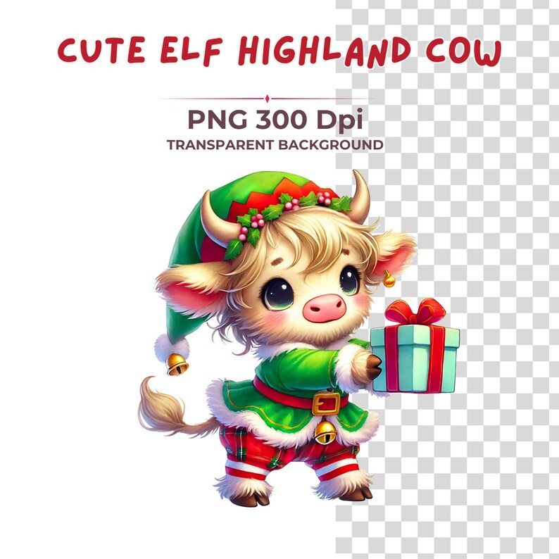 Elf Highland Cow Christmas Clipart: Watercolor PNG Set (commercial Use ...