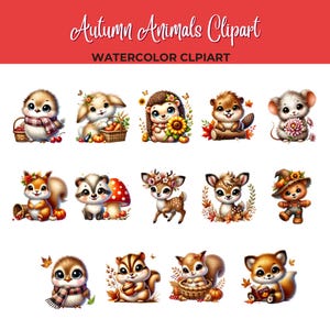 Watercolor Autumn Animals Clipart, Fall PNG (commercial Use) - Etsy