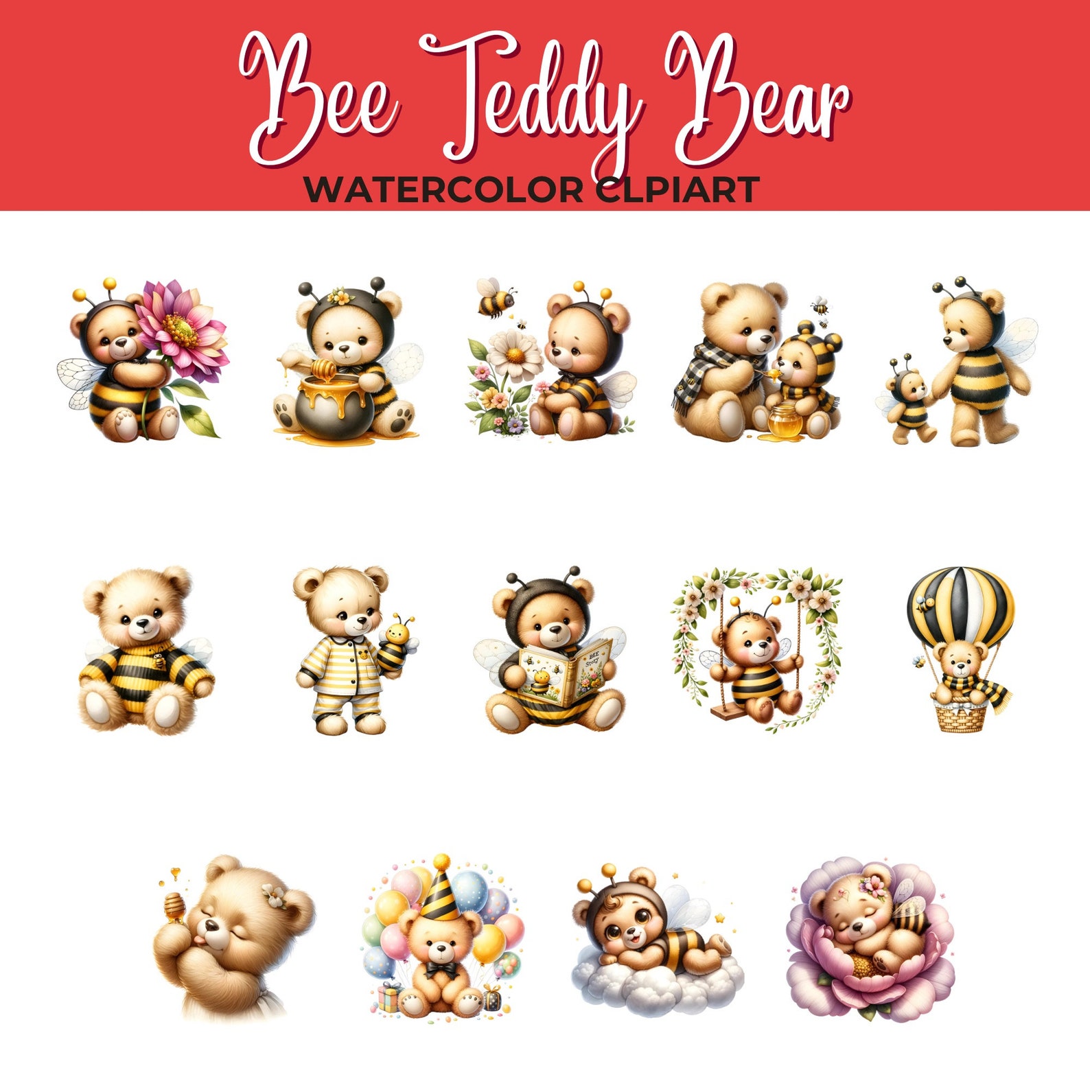 Watercolor Honeybees Teddy Bear Clipart, Teddy Bear PNG, Honeybees ...