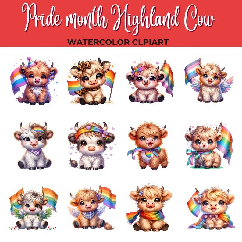 Watercolor LGBTQ Pride Month Highland Cow Clipart, Baby Highland Cow ...