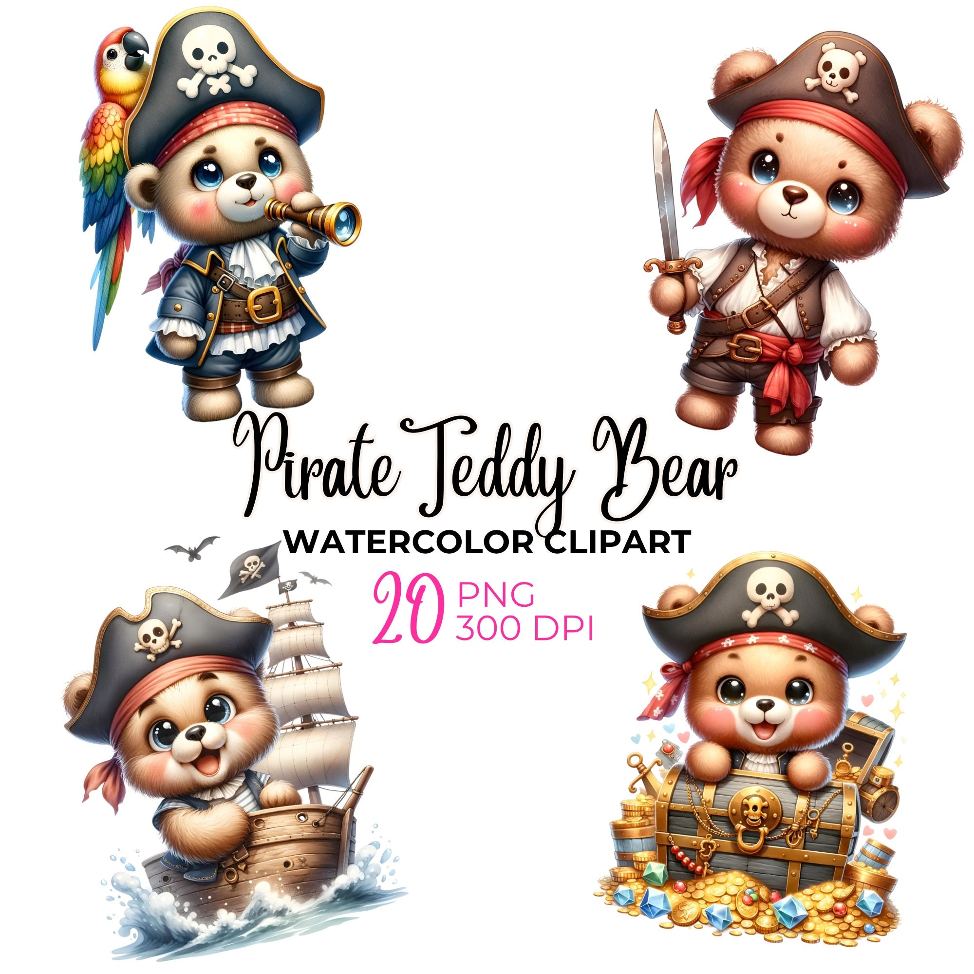 Watercolor Pirate Teddy Bear Clipart: Nursery PNG (digital Download) - Etsy