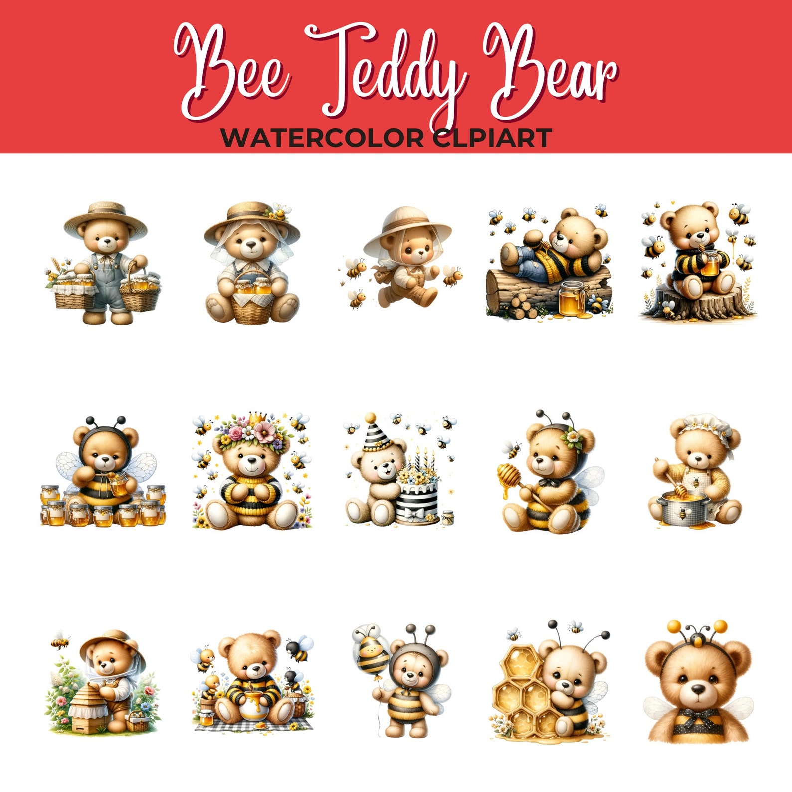 Watercolor Honeybees Teddy Bear Clipart, Teddy Bear PNG, Honeybees ...