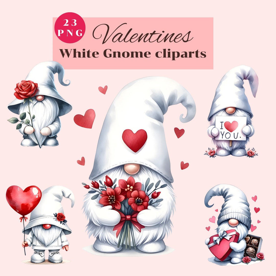 White Gnome Valentine Clipart, Watercolor Gnome Clipart, Gnome Clipart ...