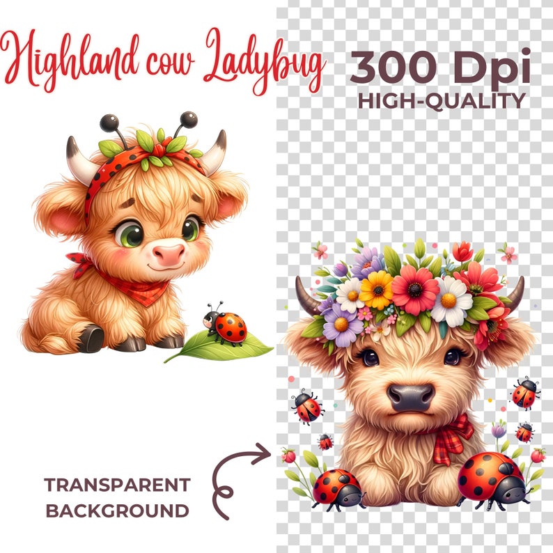 Watercolor Ladybug Highland Cow Clipart: 24 Pngs (commercial Use) - Etsy