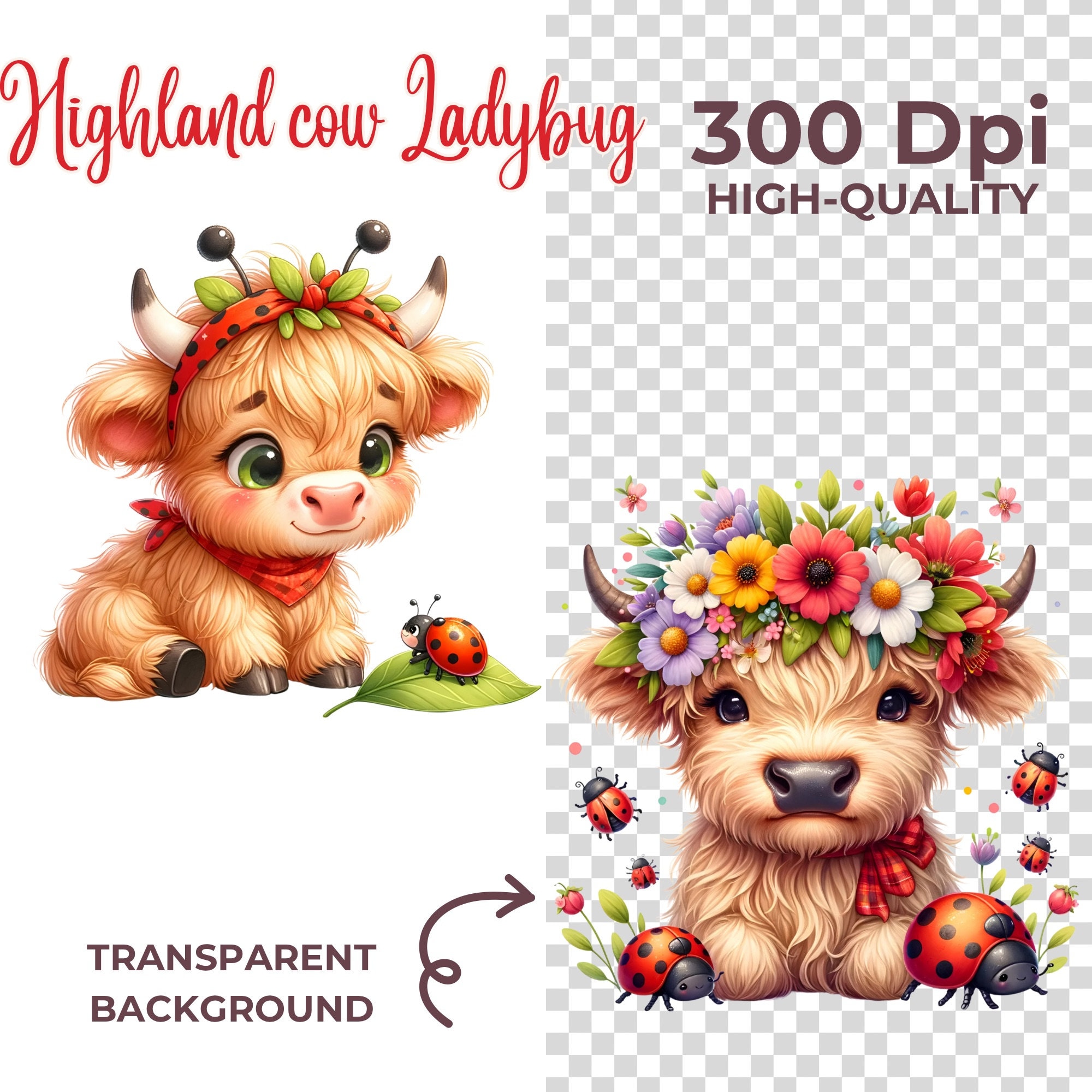 Watercolor Ladybug Highland Cow Clipart: 24 Pngs (commercial Use) - Etsy
