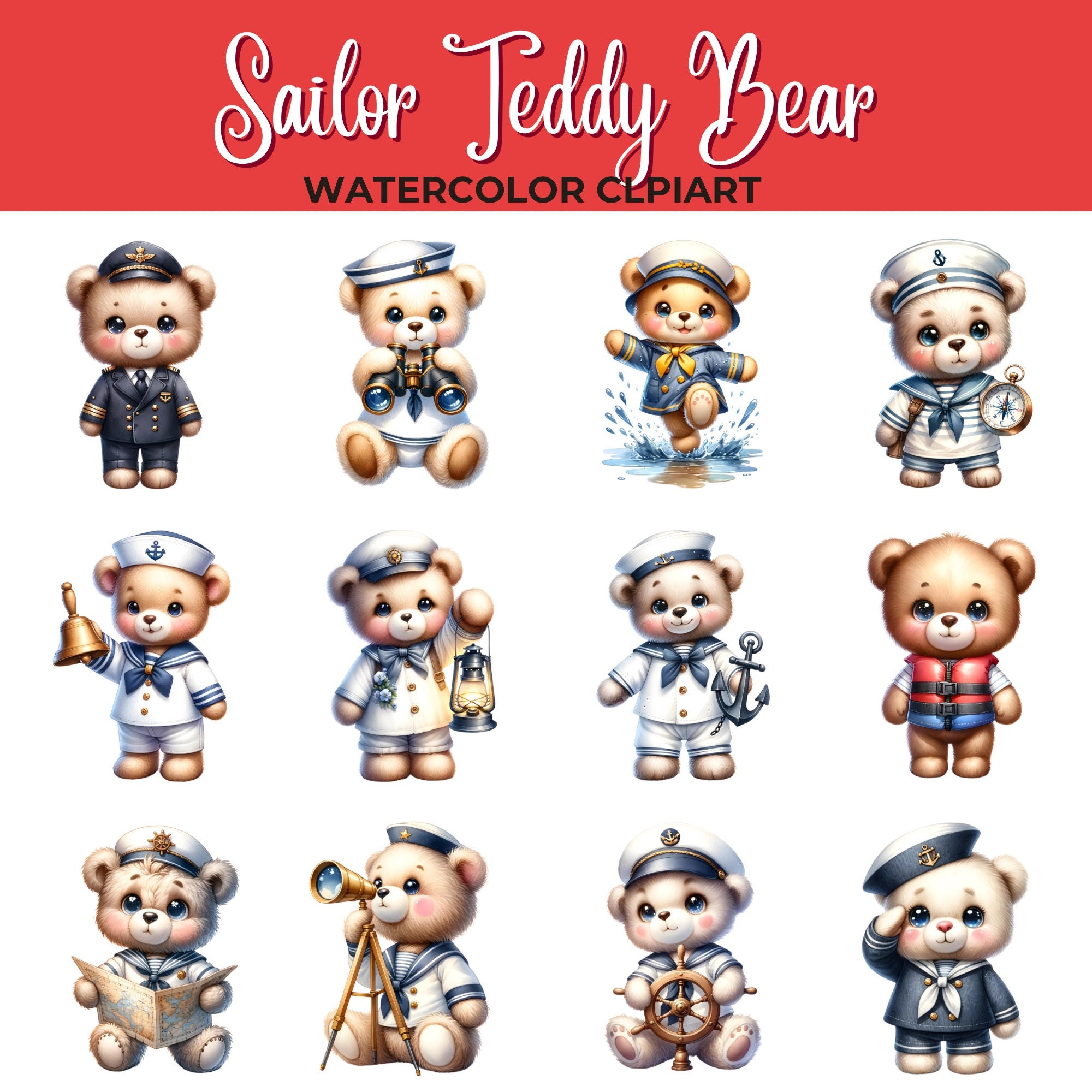 Watercolor Sailor Teddy Bear Clipart, Nautical Teddy Bear Clipart ...