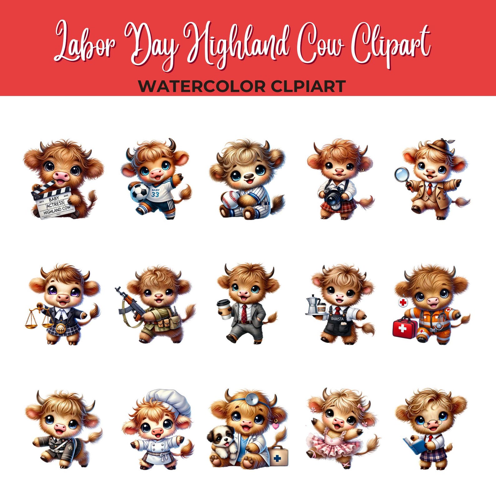 Watercolor Highland Cow Labor Day Clipart: Career PNG Set (digital ...