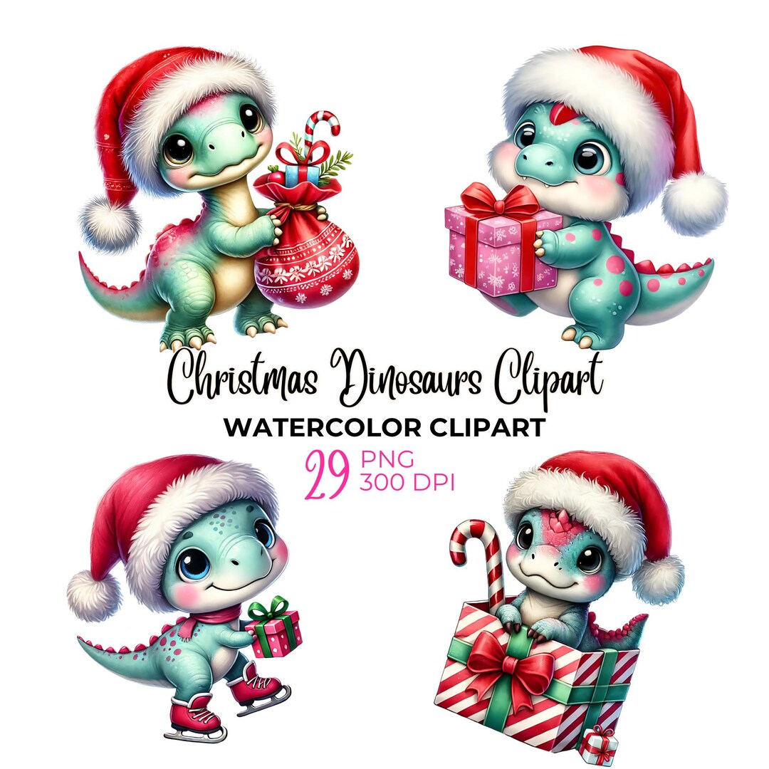 Watercolor Christmas Dinosaur Clipart: Santa Dino PNG (commercial Use ...