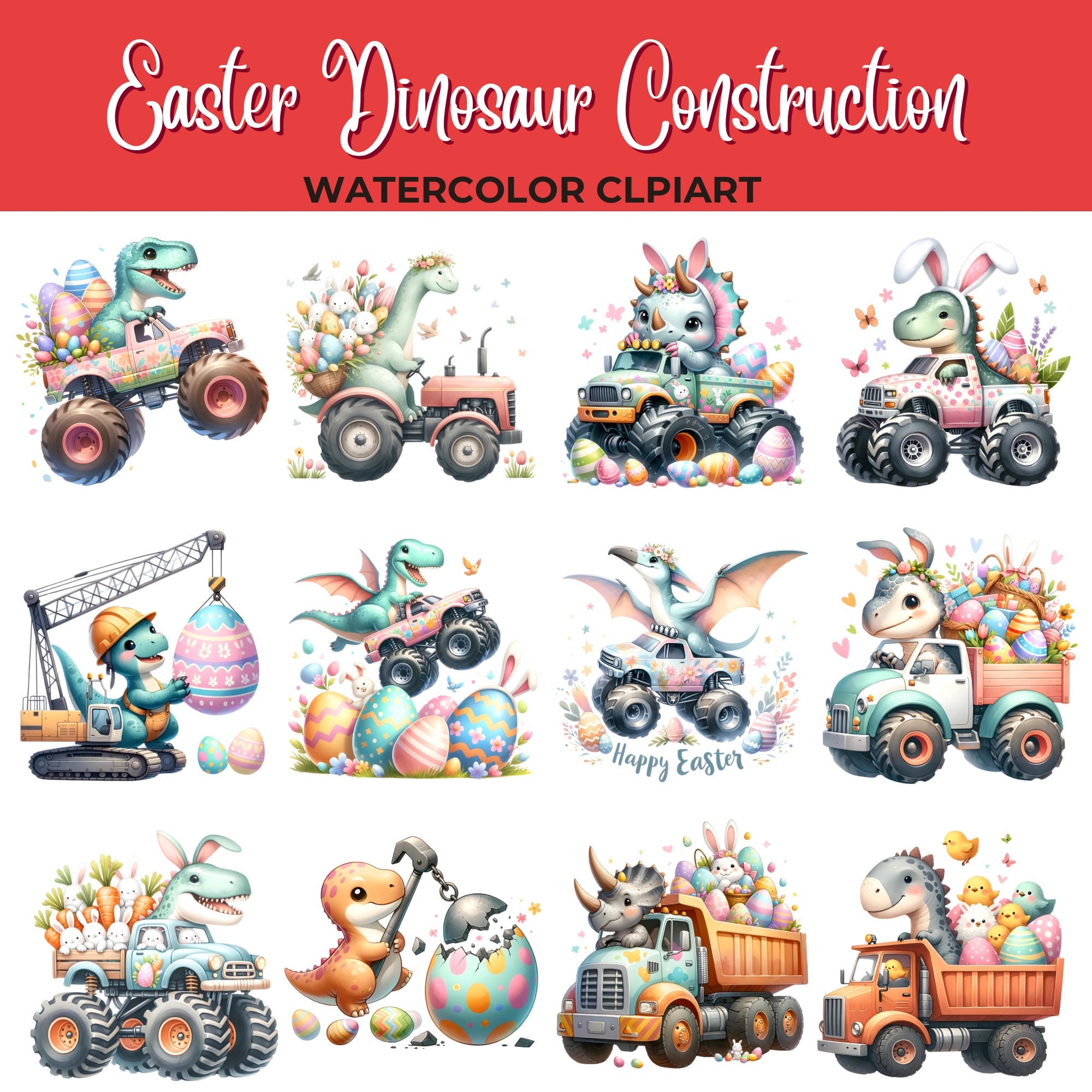 Watercolor Easter Dinosaur Clipart, Easter PNG, Dinosaur Construction ...