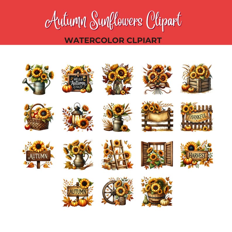Watercolor Autumn Sunflowers Clipart: 36 PNG Fall Flower Graphics ...