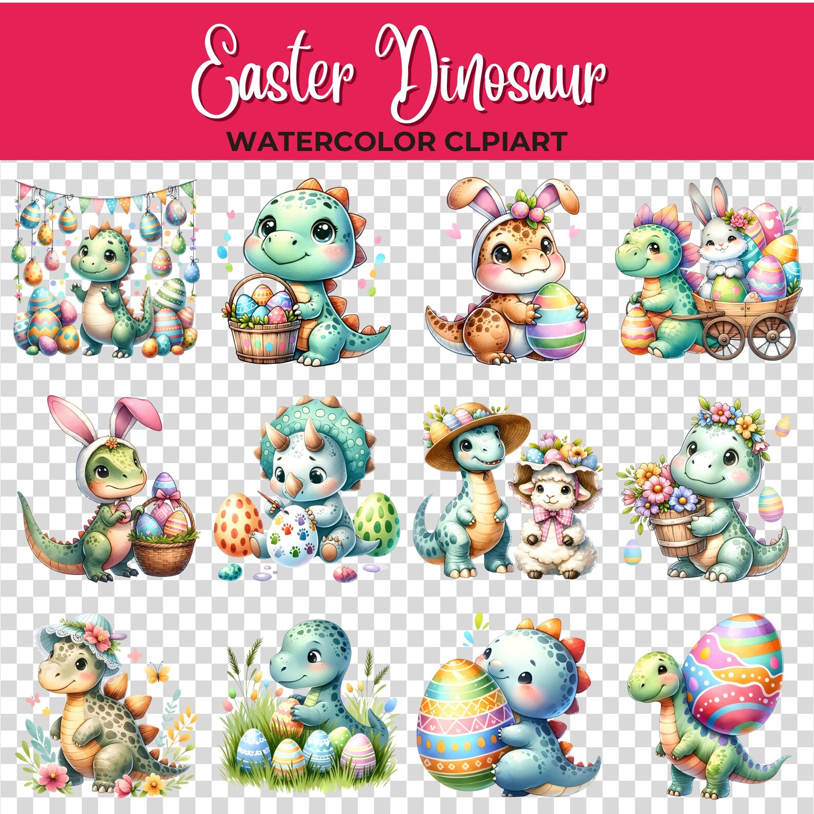 Watercolor Easter Dinosaur Clipart, Easter Clipart, Nursery Clipart ...
