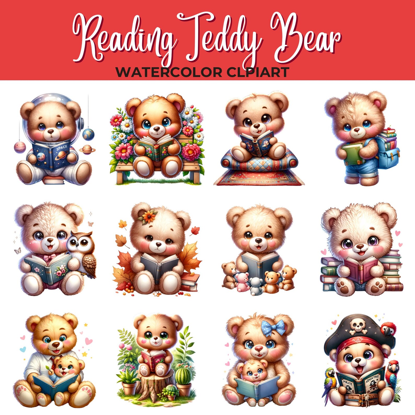 Watercolor Teddy Bear Reading Clipart: Nursery PNG (digital Download ...
