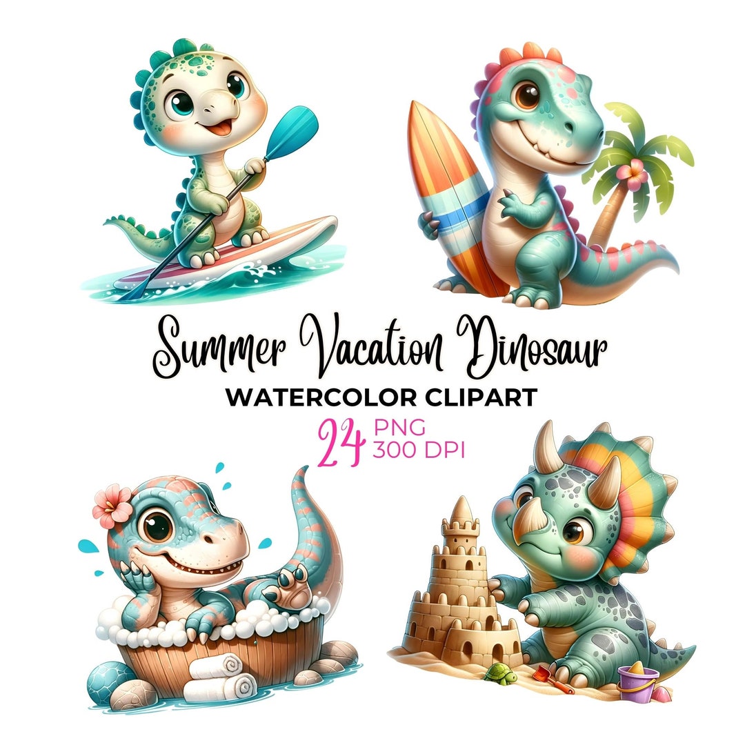 Watercolor Summer Vacation Dinosaur Clipart, Baby Dinosaur PNG, Summer ...