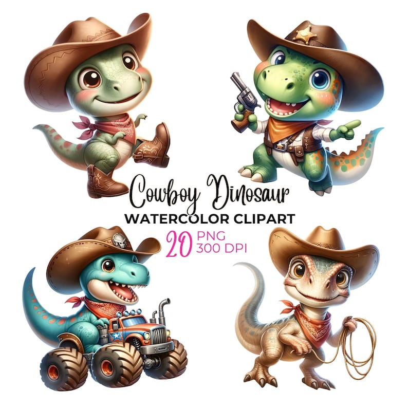 Cowboy Dinosaur Watercolor Clipart: 20 PNG Designs (digital Download ...