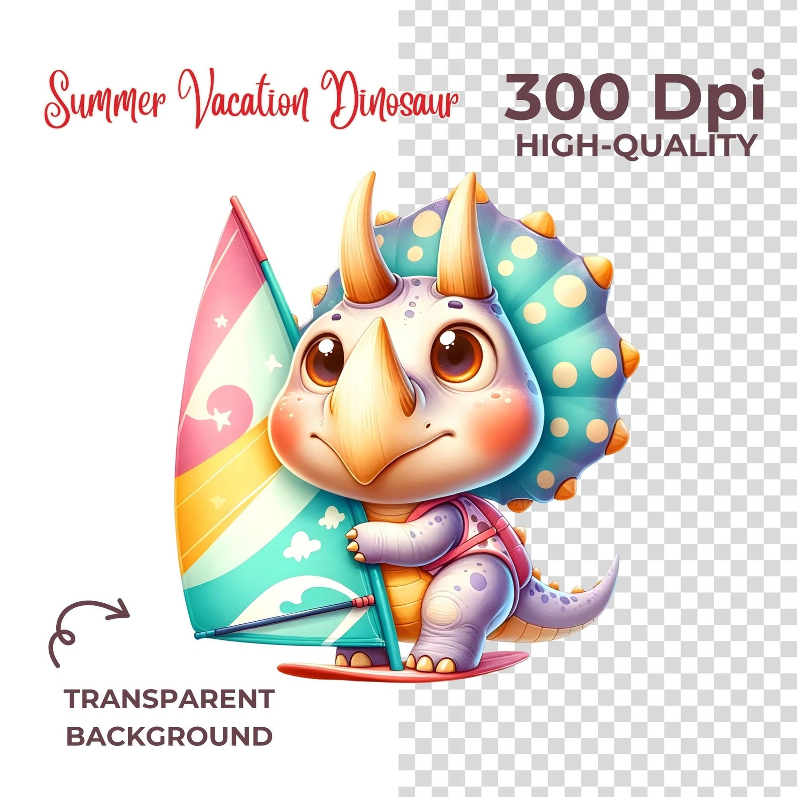Watercolor Summer Vacation Dinosaur Clipart, Baby Dinosaur PNG, Summer ...