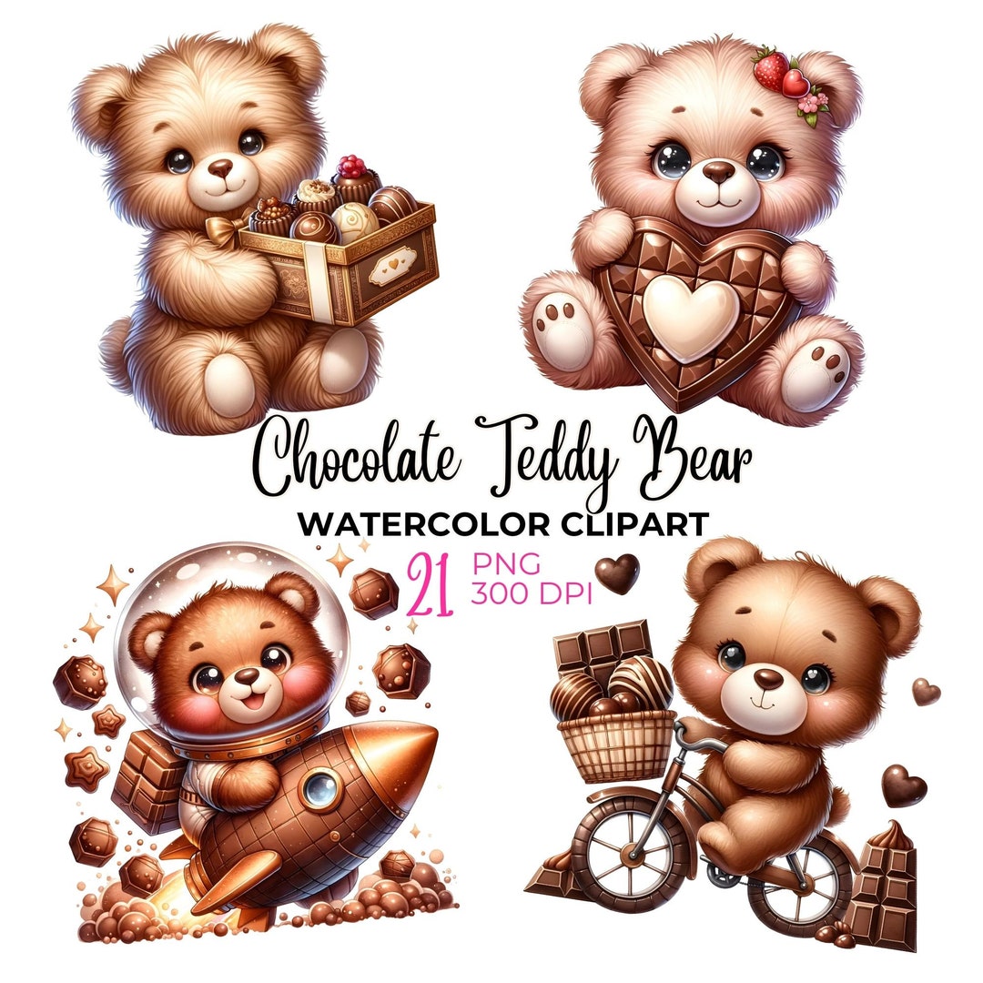 Watercolor Chocolate Teddy Bear Clipart: 21 PNG Designs (commercial Use ...