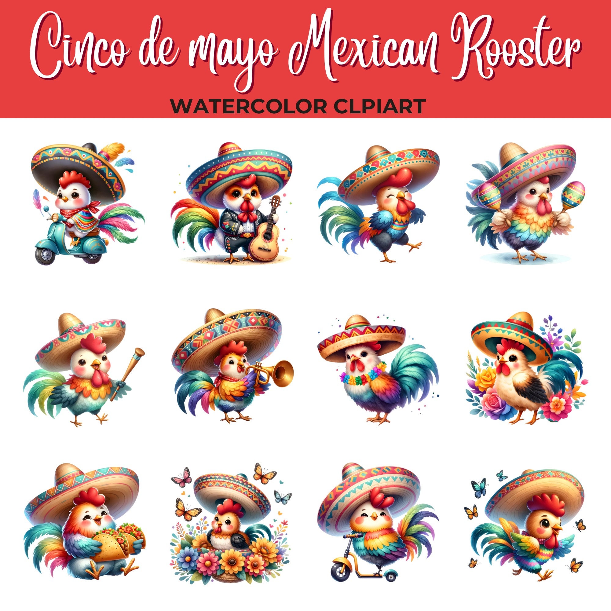 Watercolor Cinco De Mayo Mexican Rooster Clipart, Rooster PNG, Cinco De ...