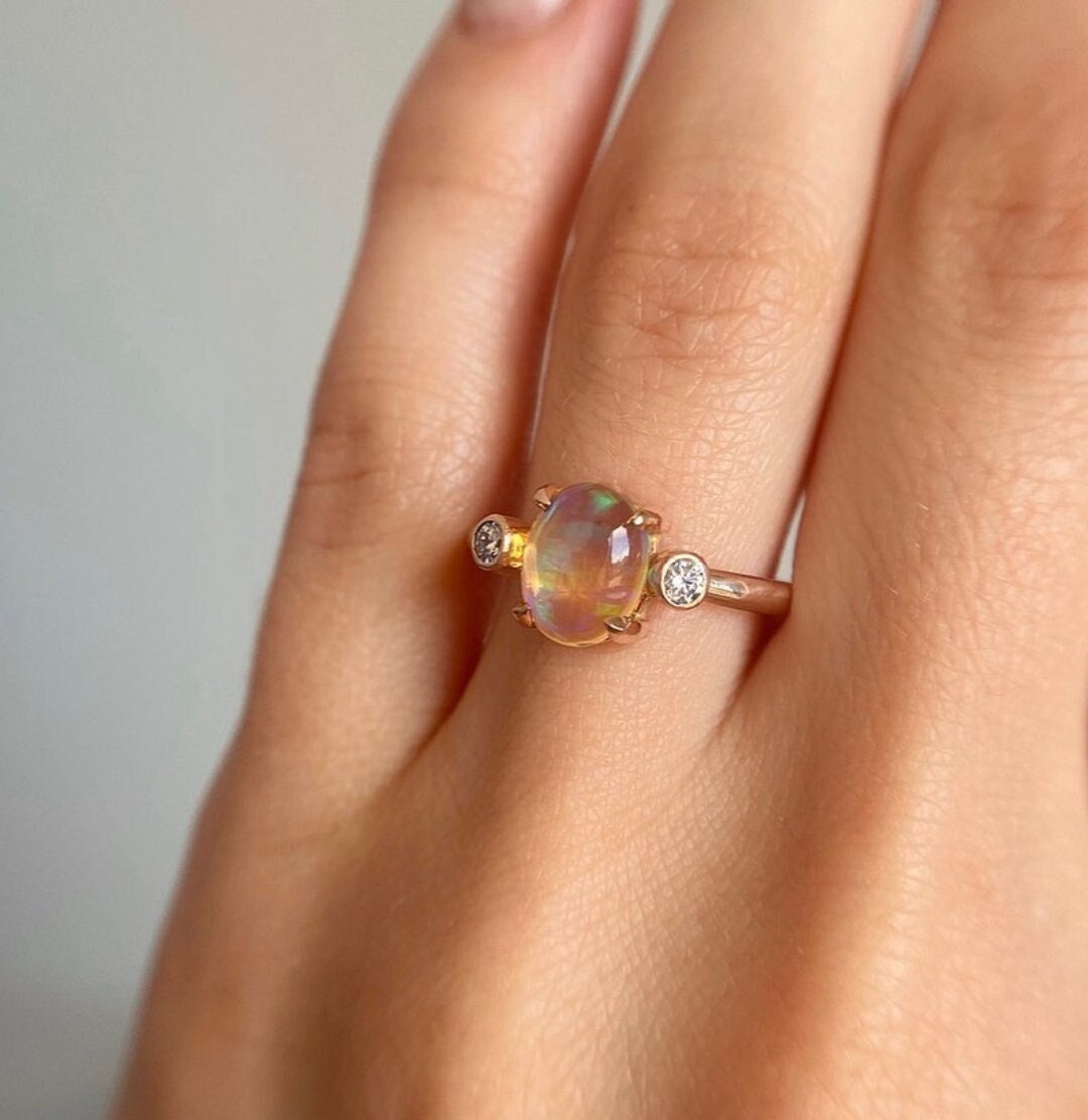 Multi Fire Opal Ring, Rainbow Opal Ring, Ethiopian Opal Ring, 14k Solid Gold Opal Ring, Sterling ...