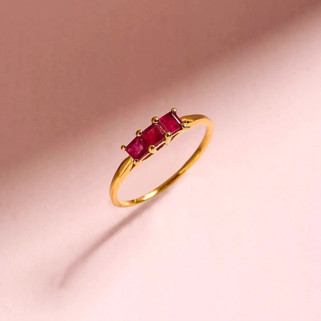 Dainty Red Ruby Ring-multi Stone Ring-square Cut Ruby Ring-14k Solid ...