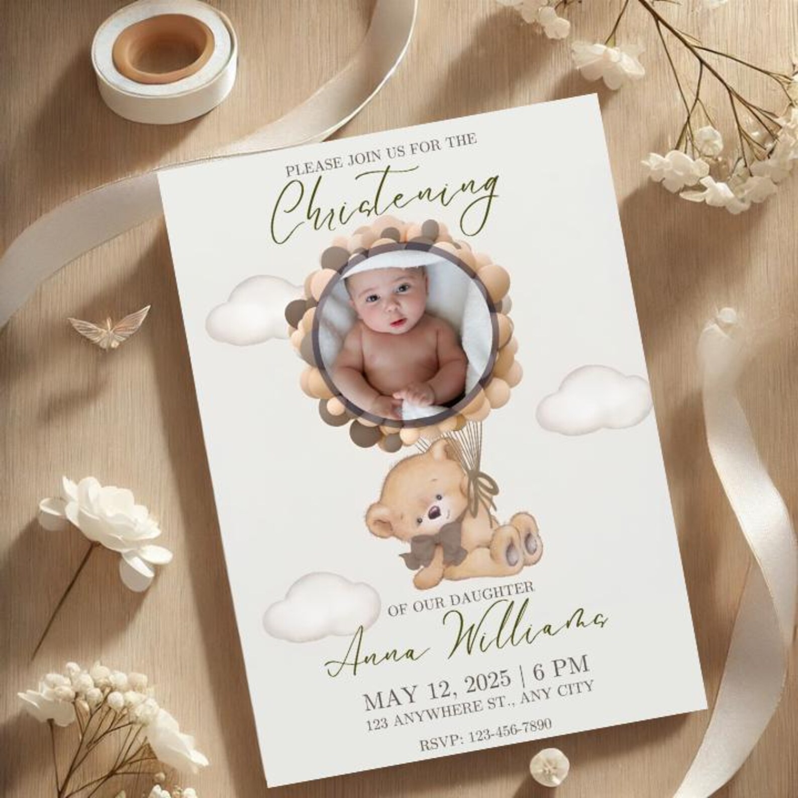 Cute Baptism Invitation Card | Christening Invite Editable Tamplate ...