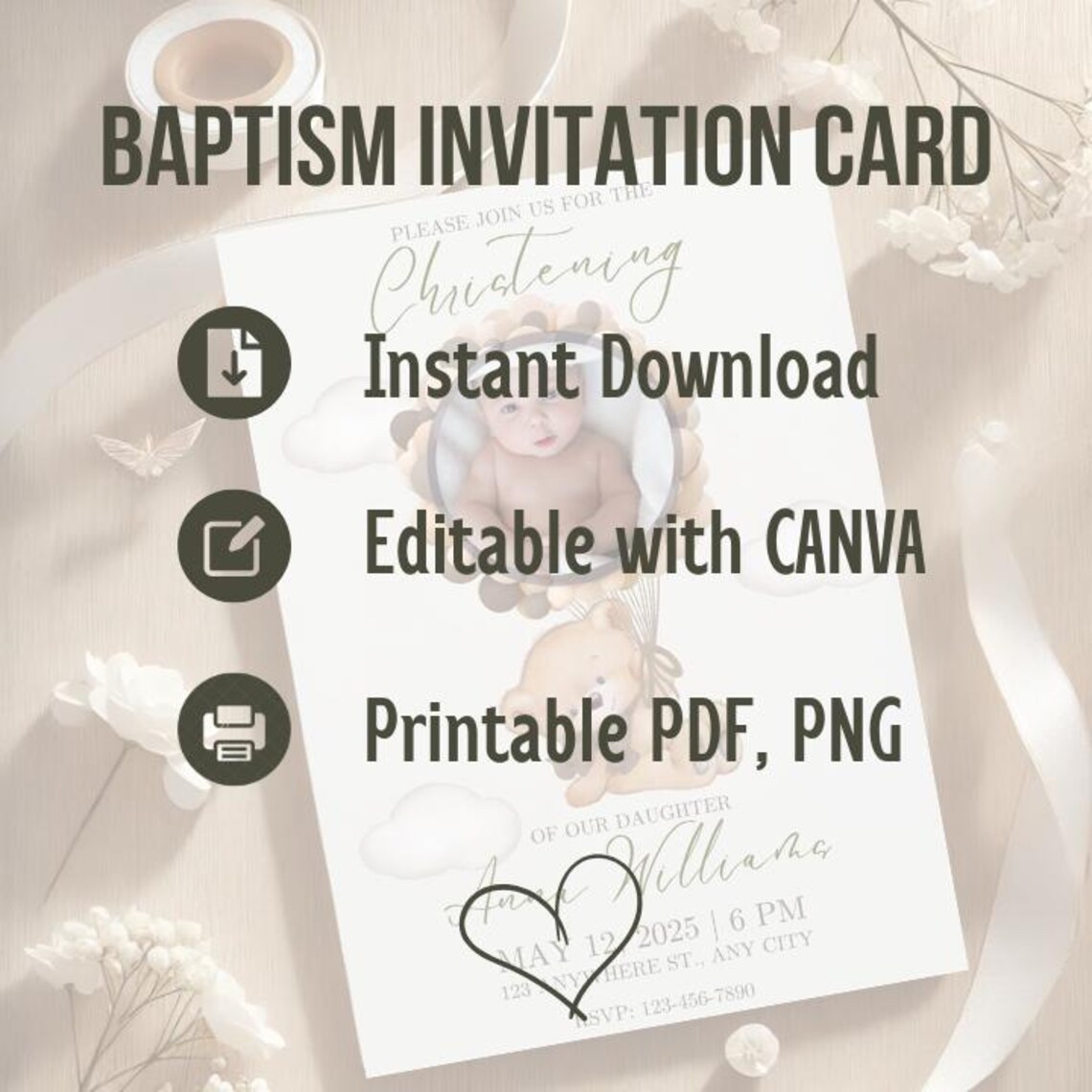 Cute Baptism Invitation Card | Christening Invite Editable Tamplate ...
