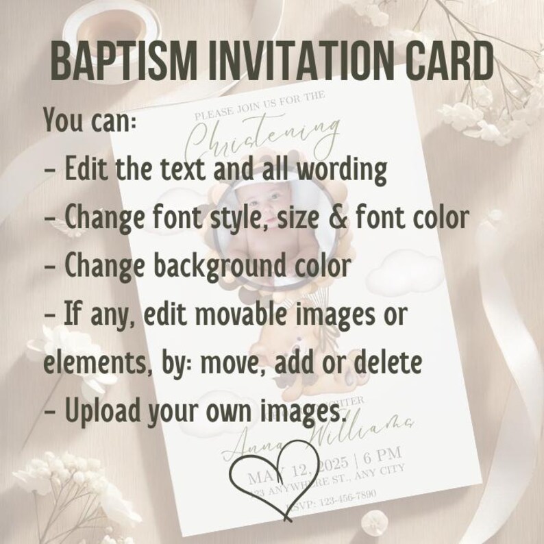 Cute Baptism Invitation Card | Christening Invite Editable Tamplate ...