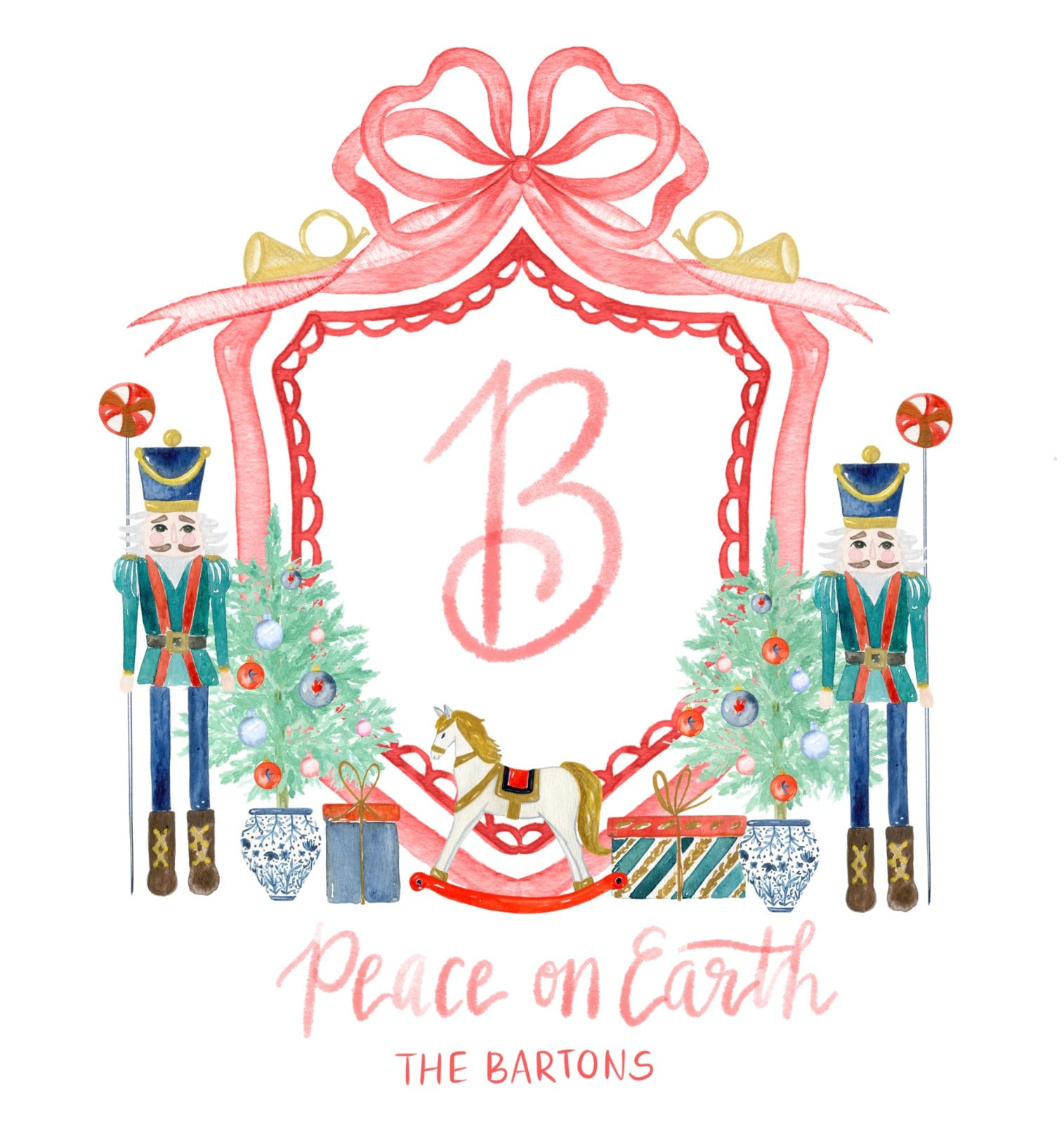 Custom Nutcracker Red Blue Christmas Watercolor Crest Family Red Bow ...