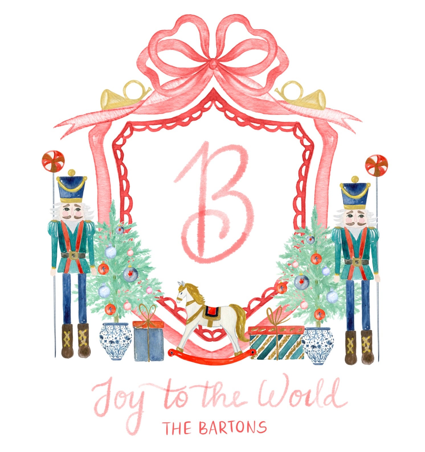 Custom Nutcracker Red Blue Christmas Watercolor Crest Family Red Bow ...