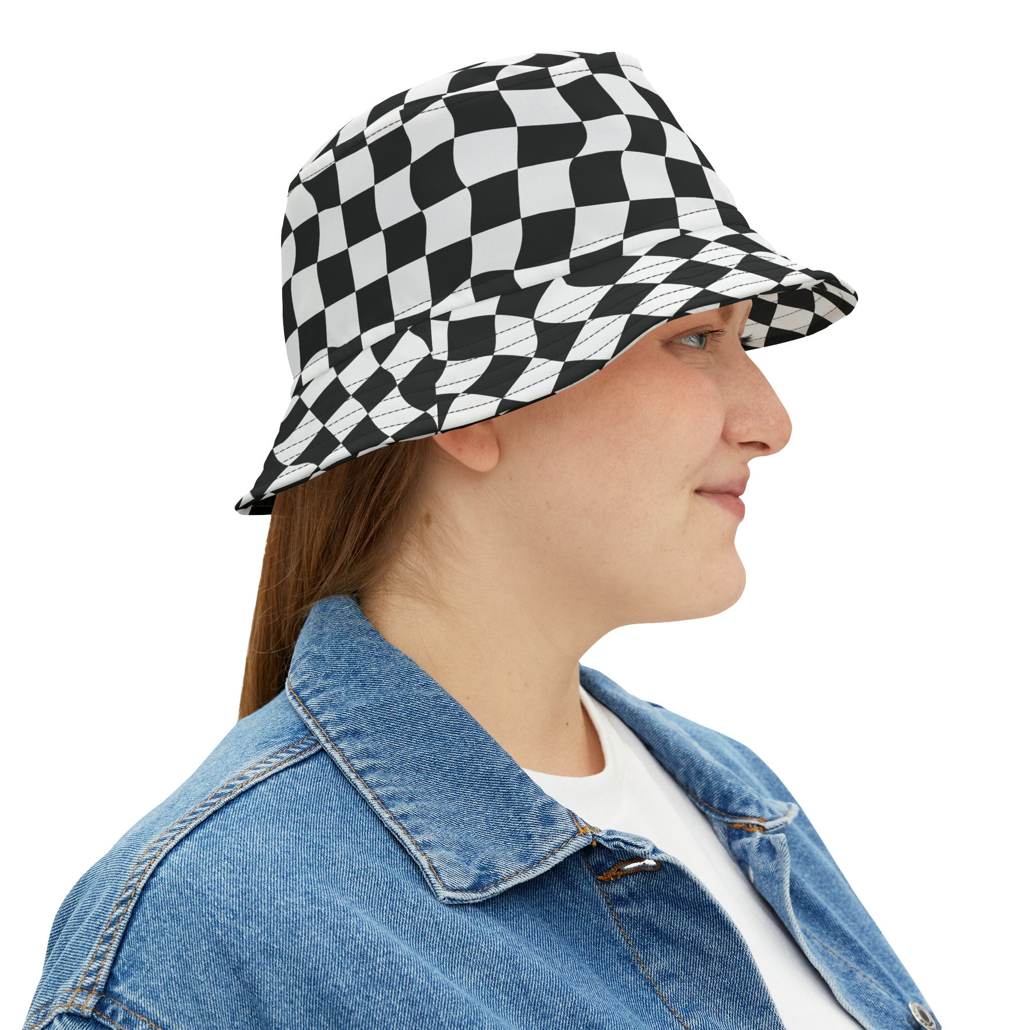 Checkered Bucket Hat Stylish Black White Checkered Hat Beach Fashion ...