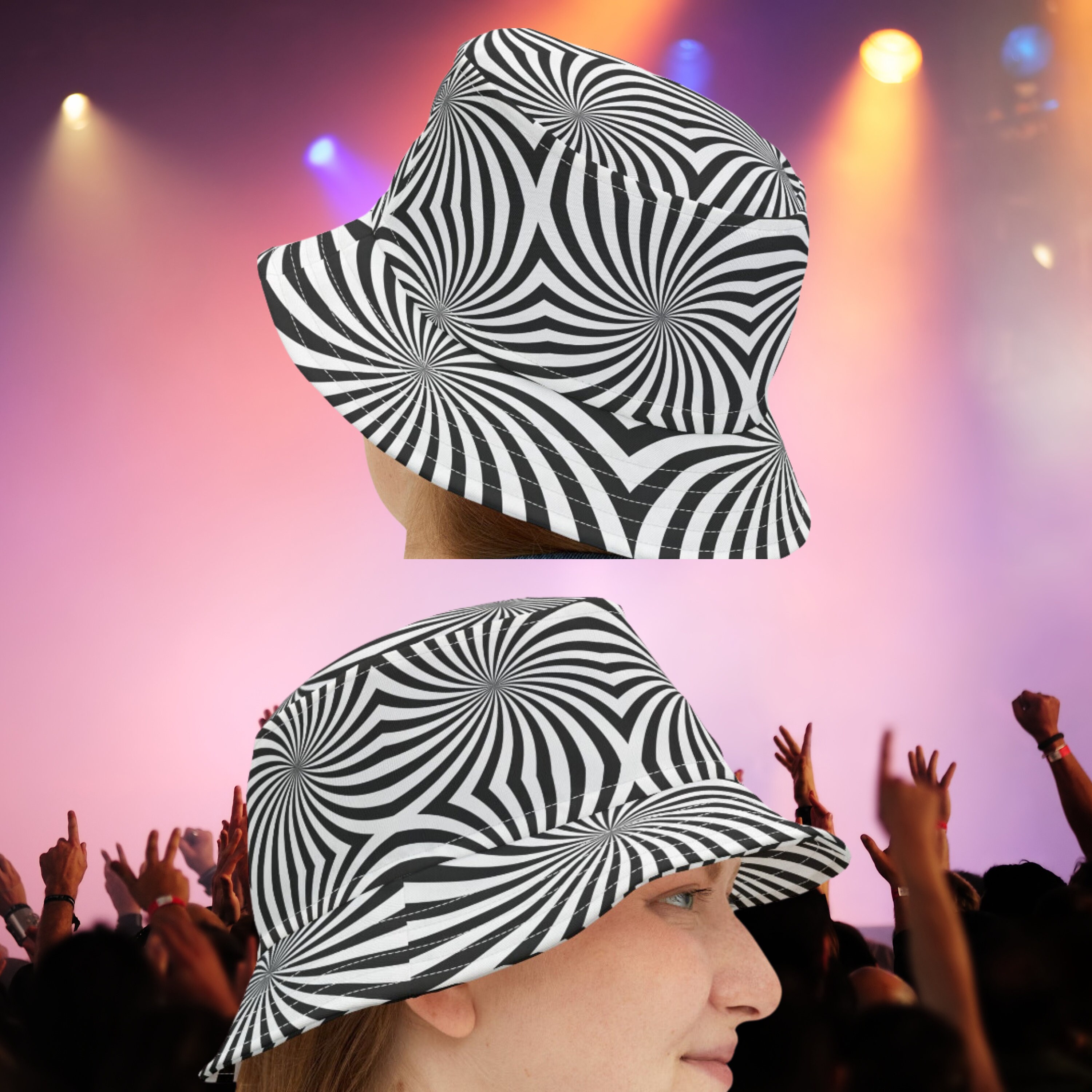 Black White Swirls Bucket Hat (AOP) Hypnotic Spiral Summer Shade Concert Look Everyday Spiral ...