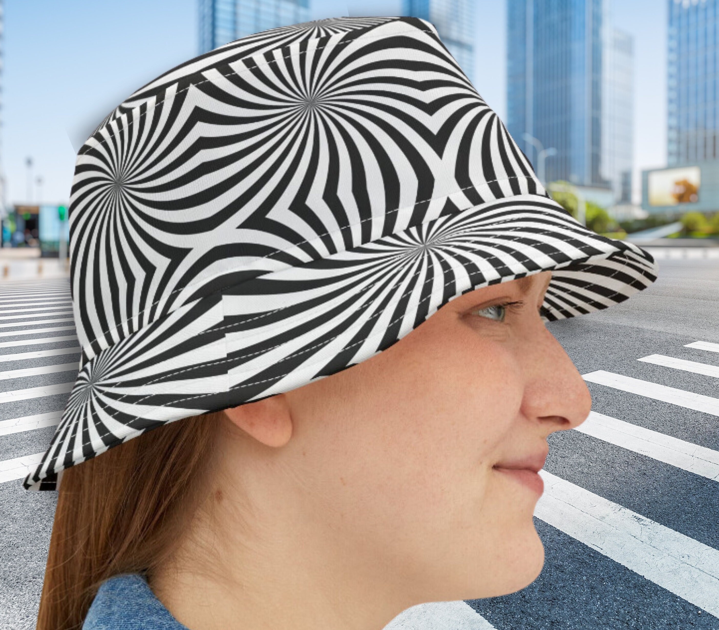 Black White Swirls Bucket Hat AOP Hypnotic Spiral Summer Shade Concert Look Everyday Spiral ...