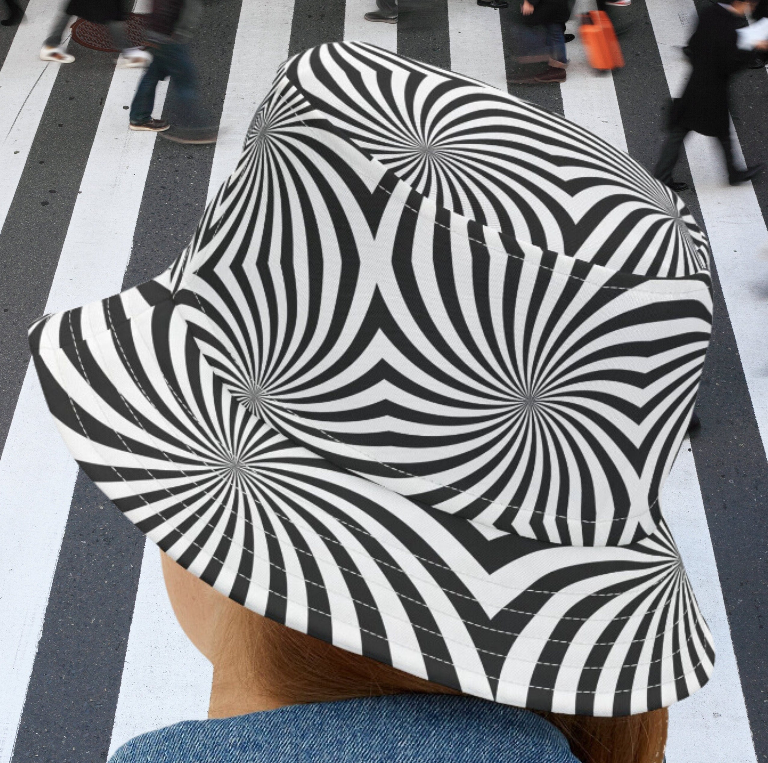 Black White Swirls Bucket Hat (AOP) Hypnotic Spiral Summer Shade Concert Look Everyday Spiral ...