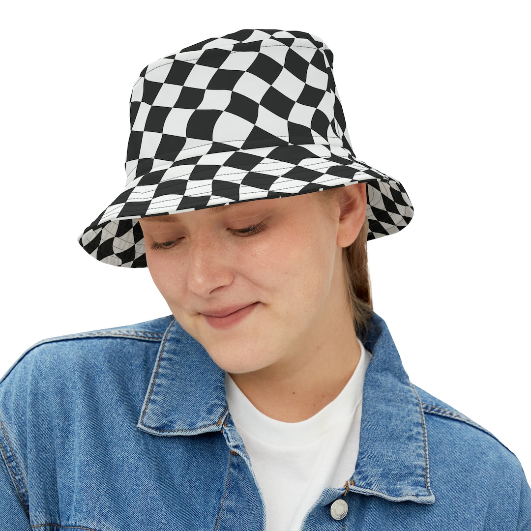 Checkered Bucket Hat Stylish Black White Checkered Hat Beach Fashion ...