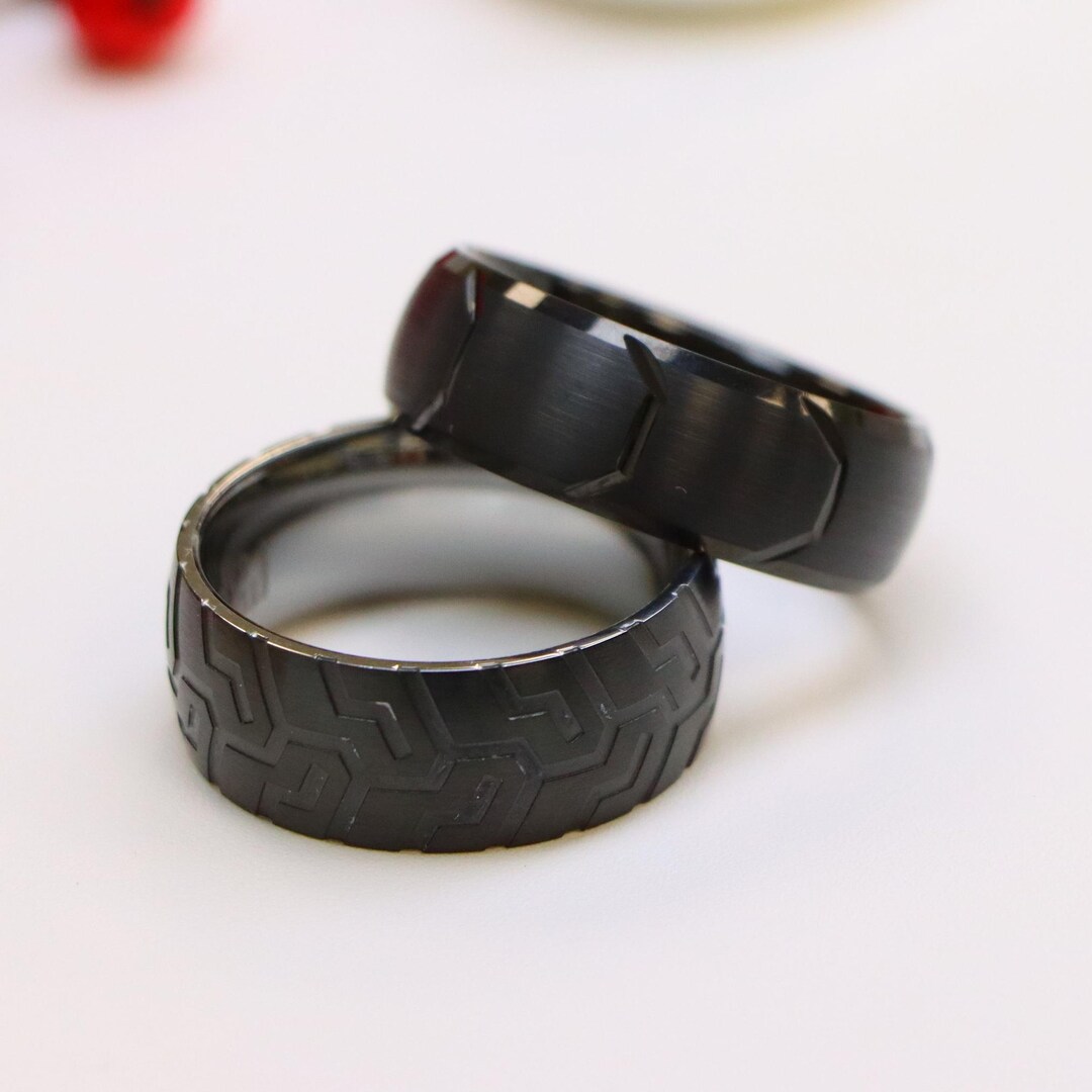 Black IP Plated Tire Thread Center Beveled Edge, 8mm Black Tungsten ...