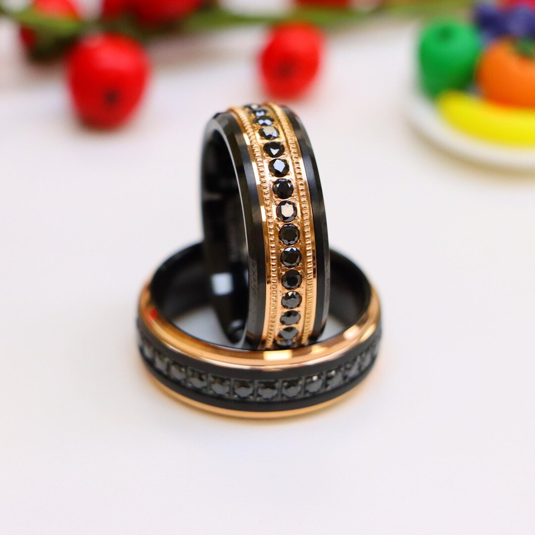 Raised Center Black Diamond Rings, Rose Gold Step Edge Bands, Engraved ...