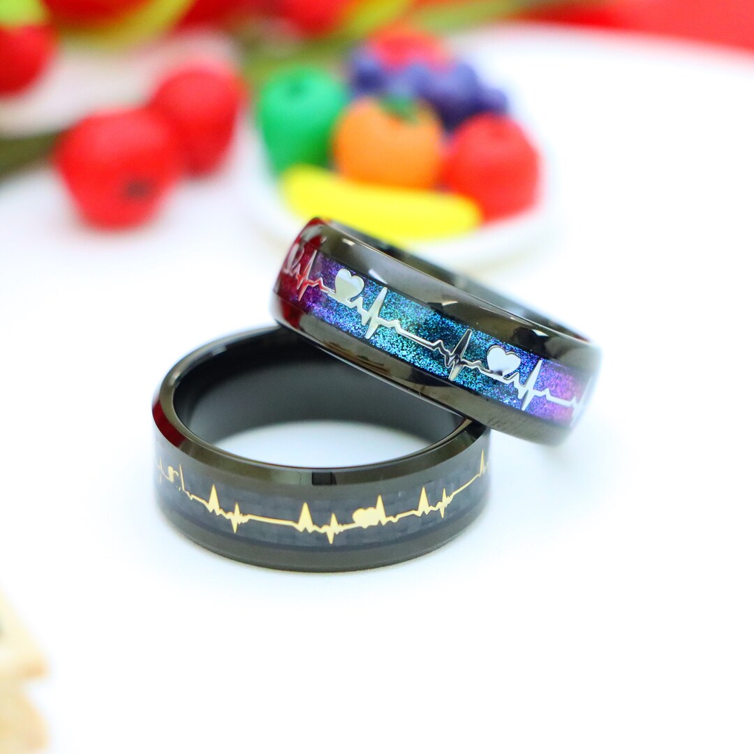 Unique Rainbow Gradient Color EKG Lifeline Design Tungsten Rings ...