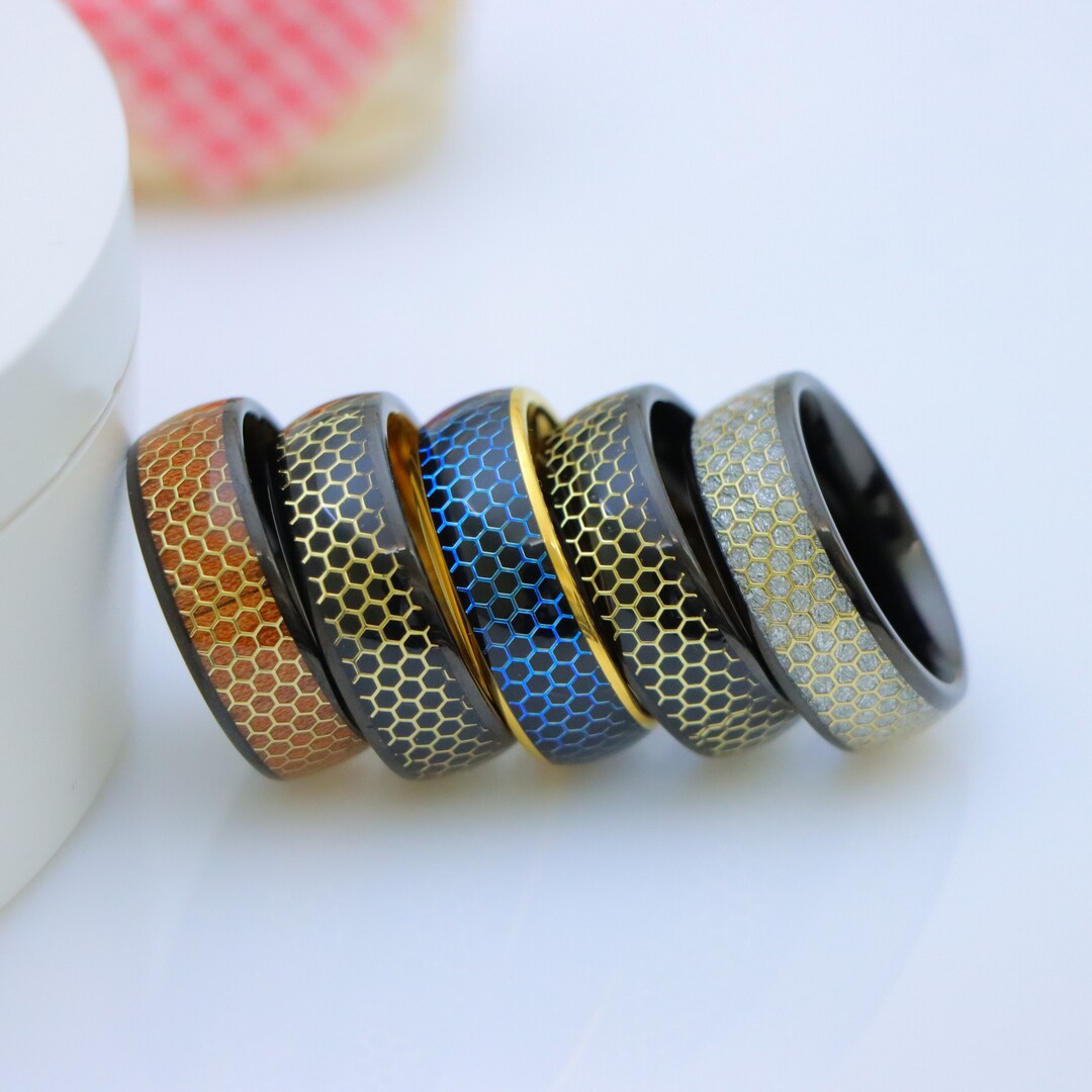 Men's Honeycomb Ring, Bee Hive Pattern Wood Tungsten Wedding Band ...