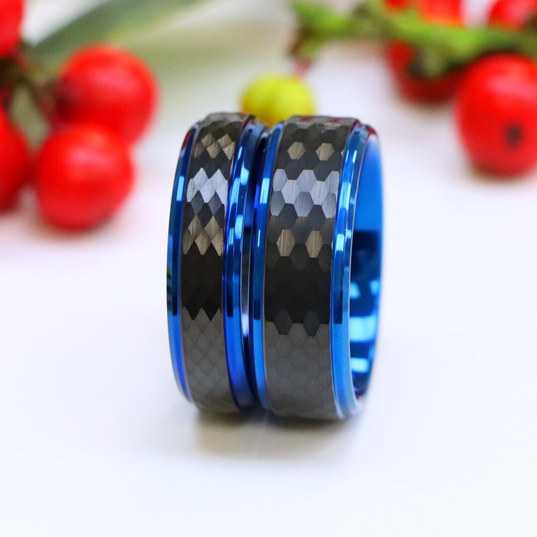 Blue Tungsten Proposal Rings, Couple Matching Anniversary Rings, Black ...