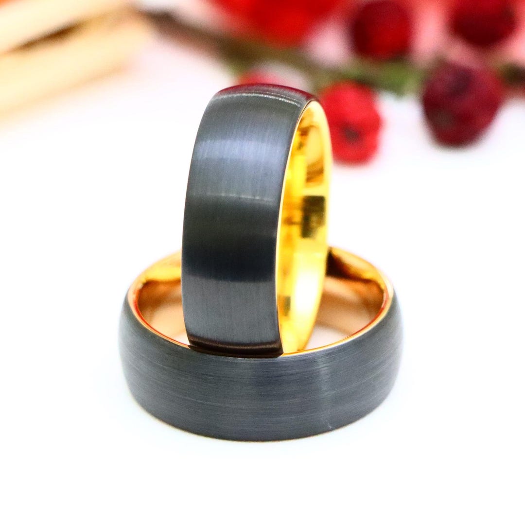 Domed Black Outside & Yellow Gold Inside Ring, Brushed Finish and ...