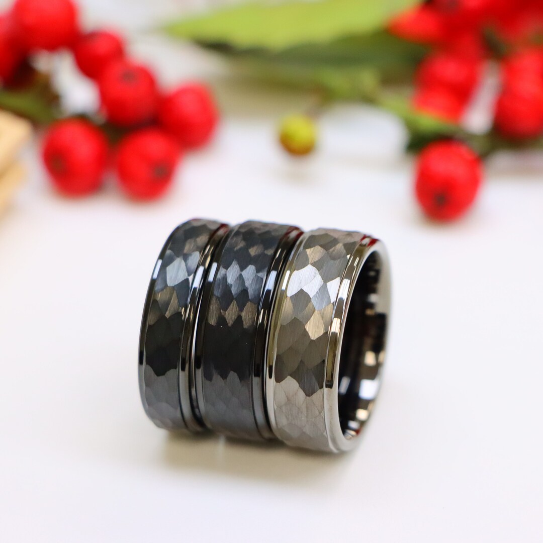 Black IP Center Groove Rings for Men, Diamond Cut Faceted Bands ...