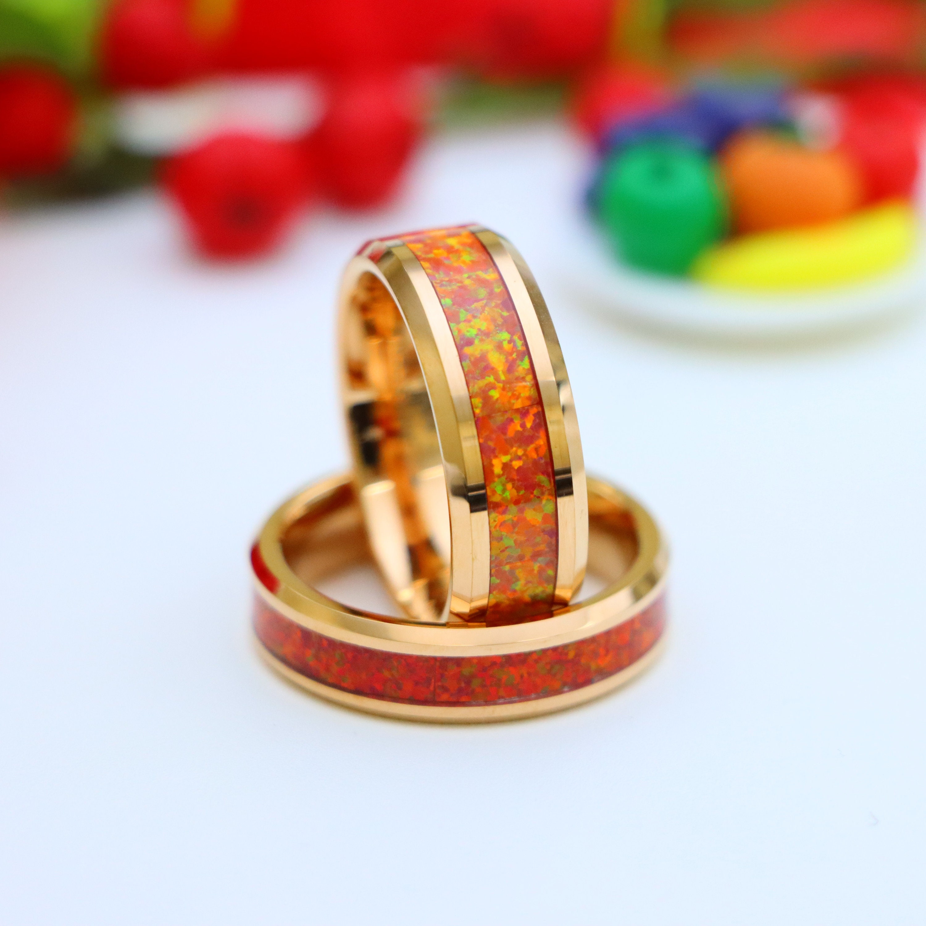 Red Fire Opal Inlay Rose Gold Wedding Band, Mens & Women's Ring, Couple ...