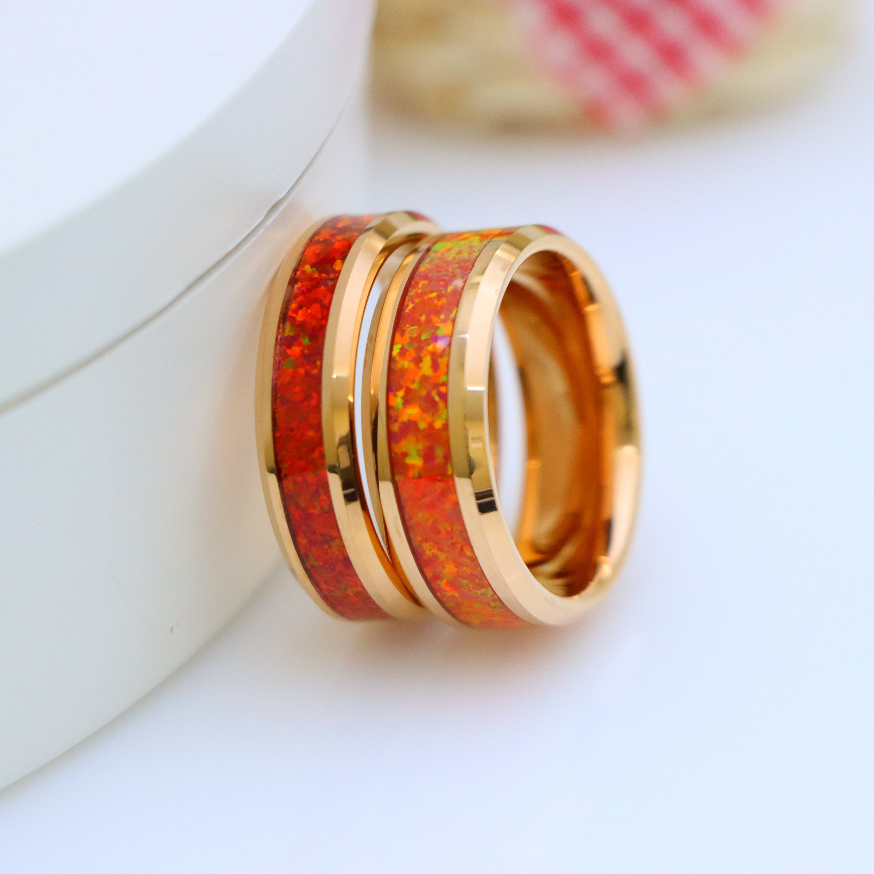Red Fire Opal Inlay Rose Gold Wedding Band, Mens & Women's Ring, Couple ...