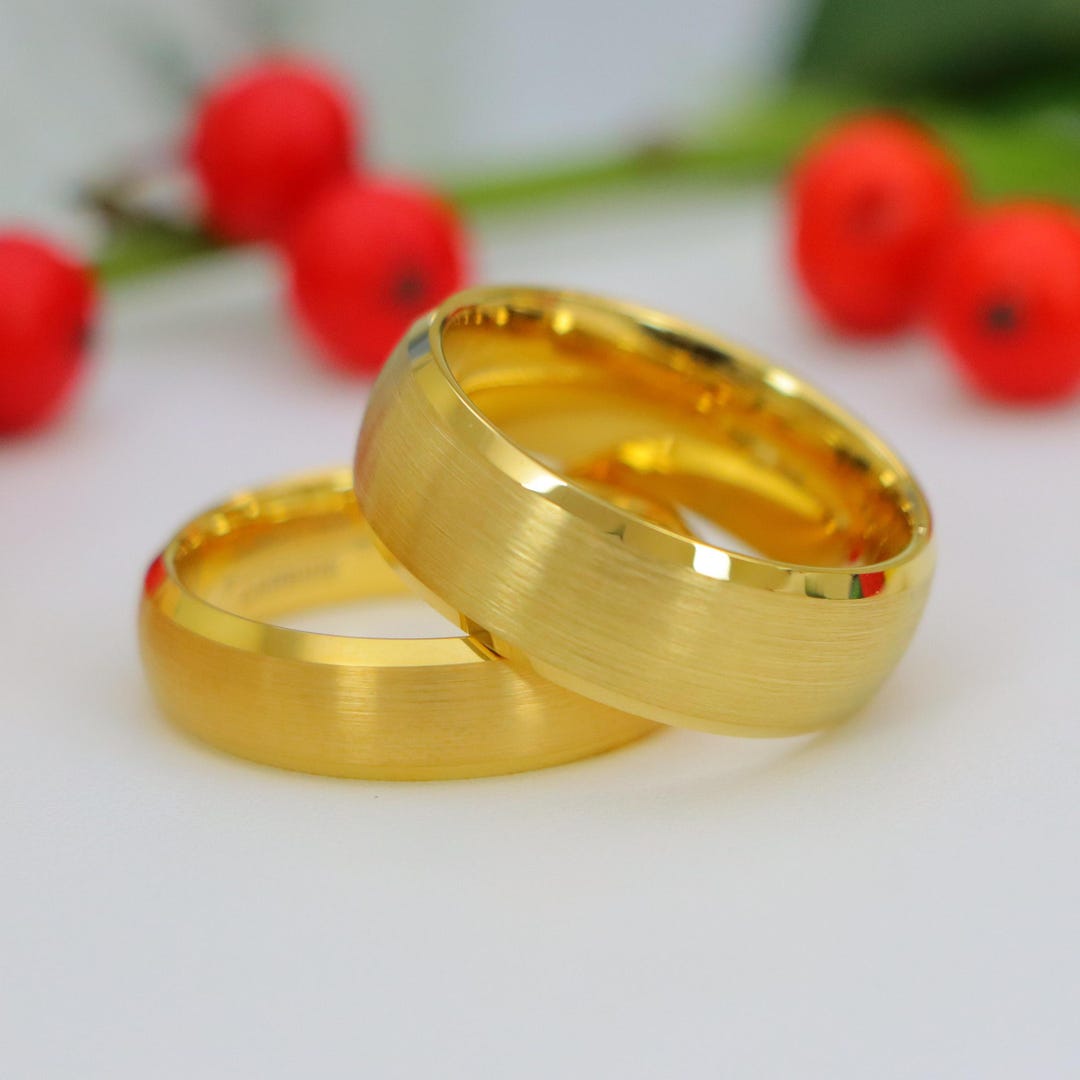6mm 8mm Yellow Gold Tungsten Bands, Personalized Rings, Shiny Brushed ...