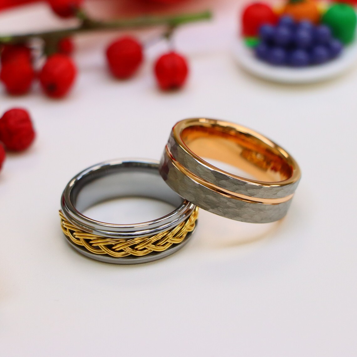 Hammered Brushed Tungsten Band, Rose Gold Strip Tungsten Engagement ...